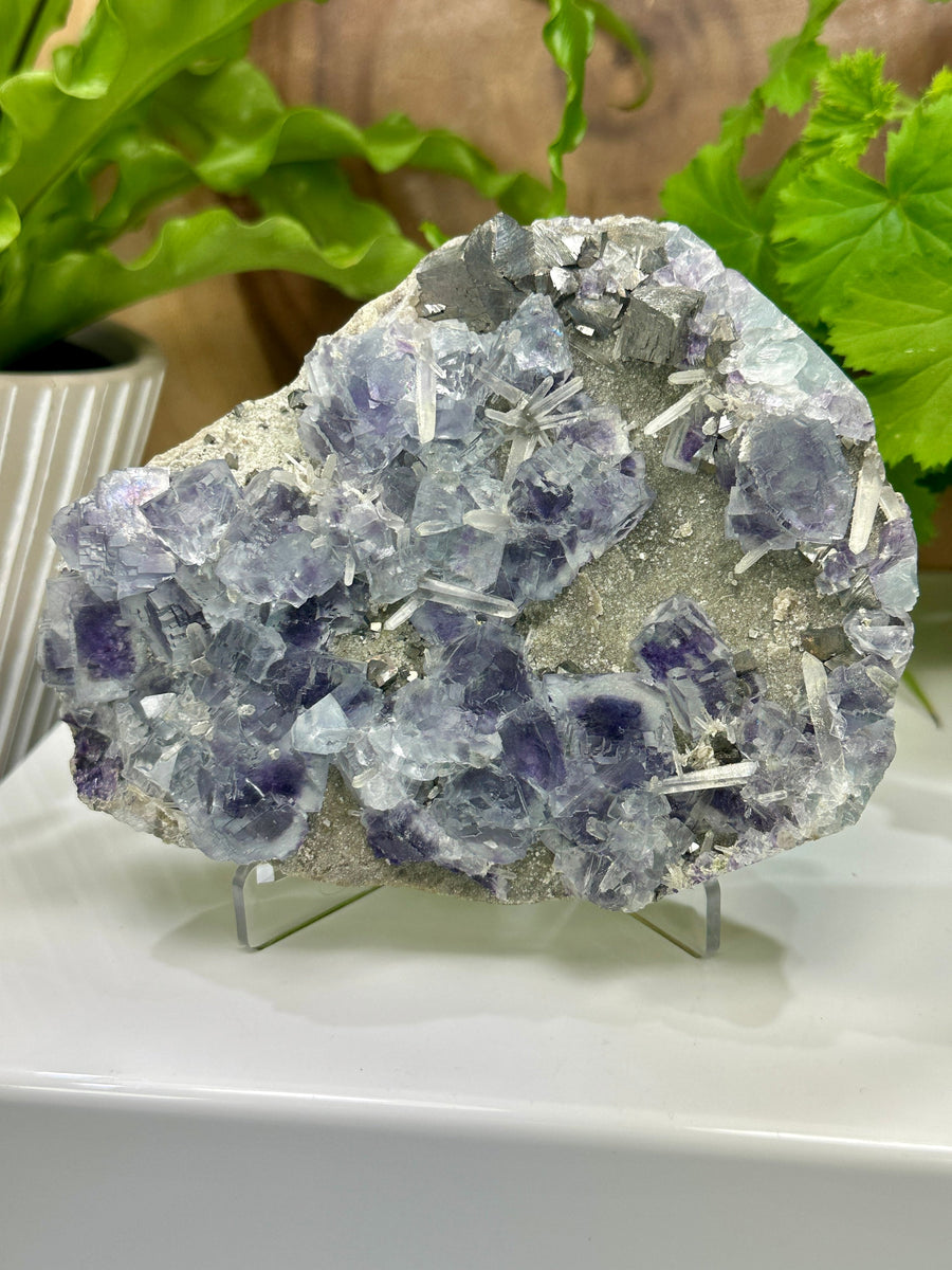 Light Blue Fluorite Crystals with Purple Saturation Clustered on Natur ...